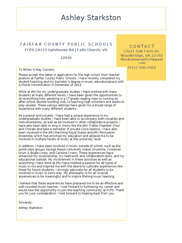 Fcps Elementary Music Teacher Cover Letter April 2020 | PDF | Music ...