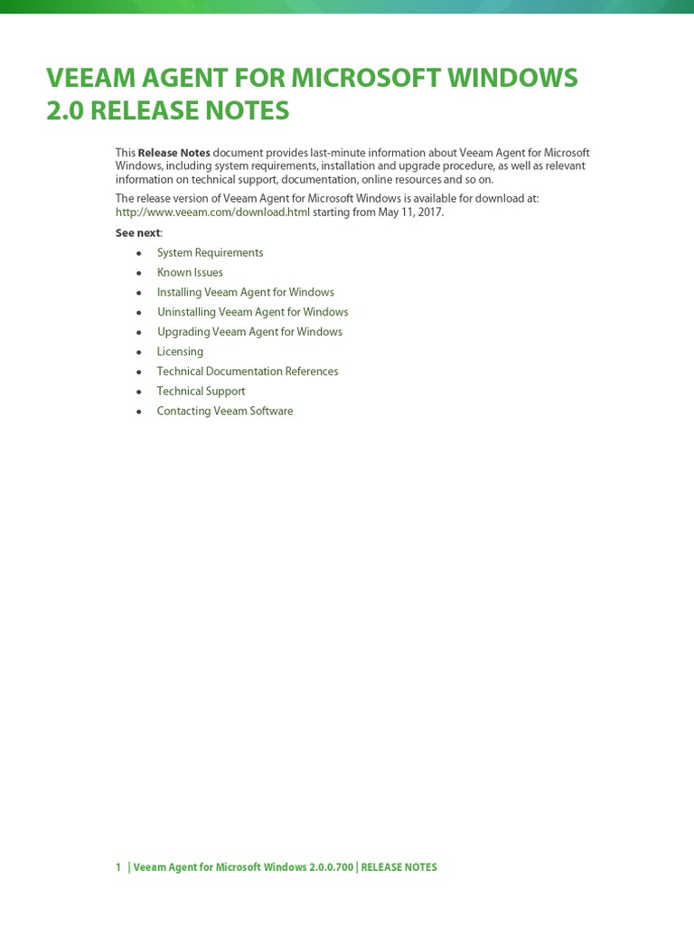 Veeam Agent For Microsoft Windows 2.0 Release Notes: See Next ...