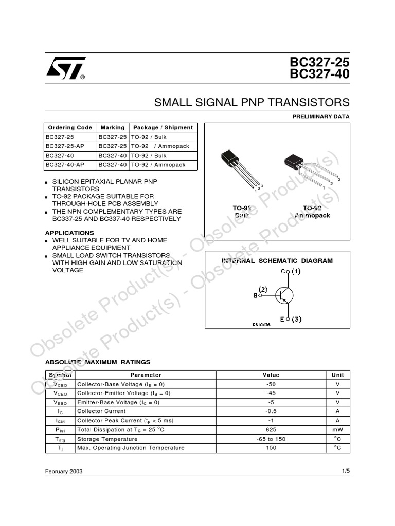 bc327 25 - bc327 40 | PDF | Bipolar Junction Transistor | Transistor