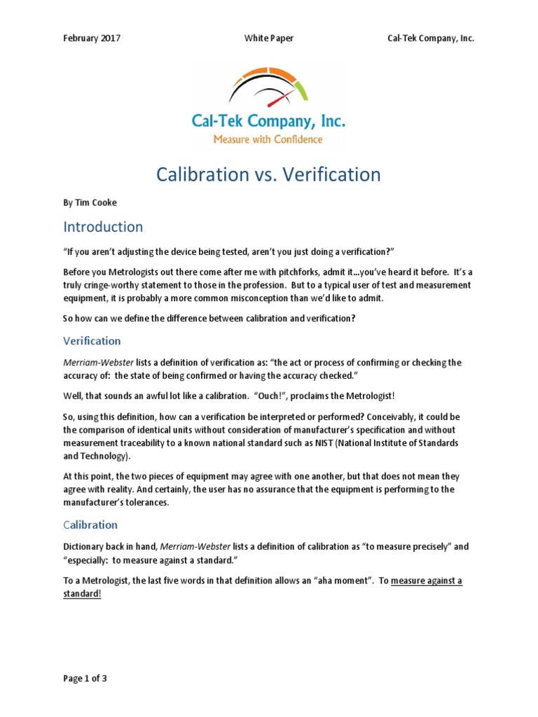 Calibration vs. Verification | PDF | Calibration | Metrology