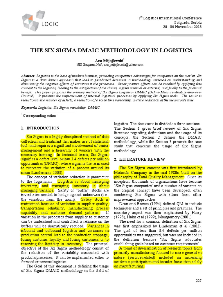 Applying the Six Sigma DMAIC Methodology to Improve Logistics Processes ...