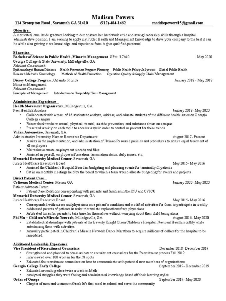 Madison Powers 1p Resume | PDF | Public Health | Hospital