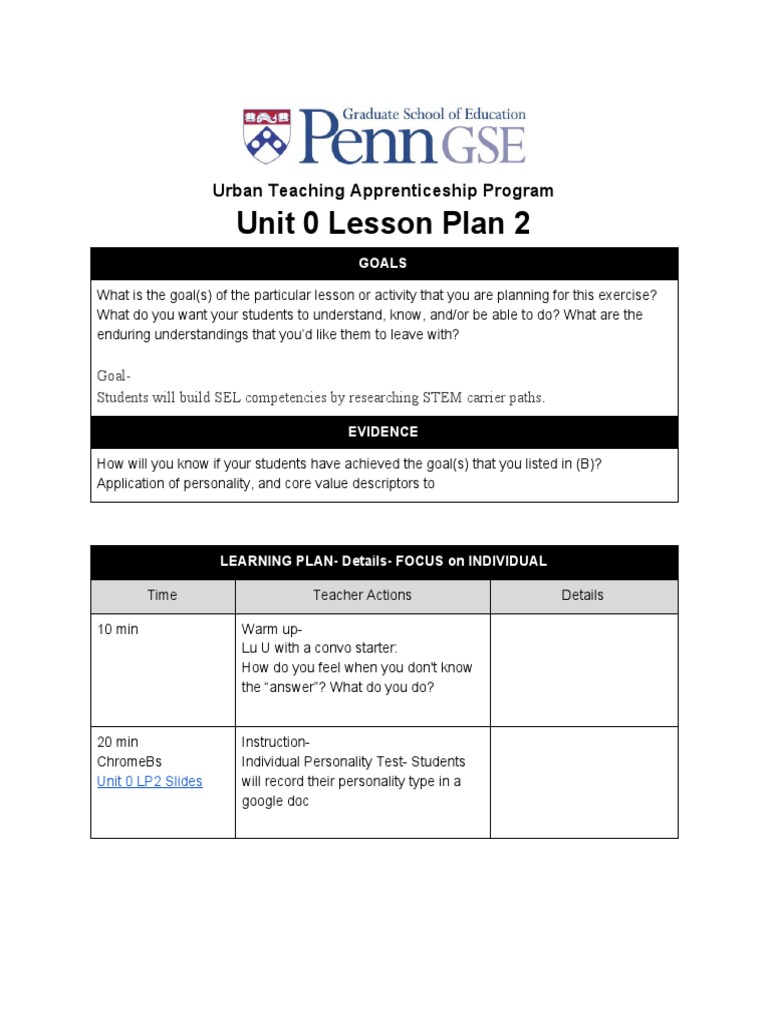 Unit 0 Lesson Plan 2: Urban Teaching Apprenticeship Program | PDF | Behavioural Sciences | Learning