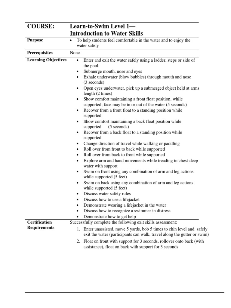 Course: Learn-to-Swim Level 1 - Introduction To Water Skills: Purpose ...