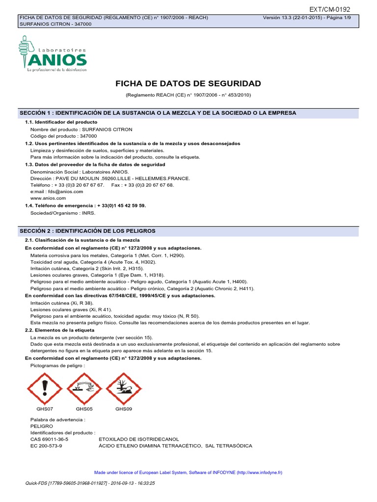 Ficha de Seguridad Surfanios Citron | PDF | Residuos | Quemar