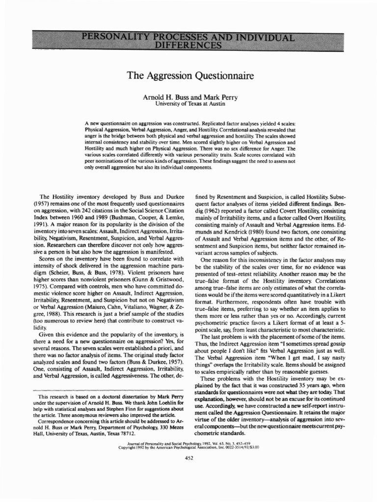 The Aggression Questionnaire: Arnold H. Buss and Mark Perry | Download ...