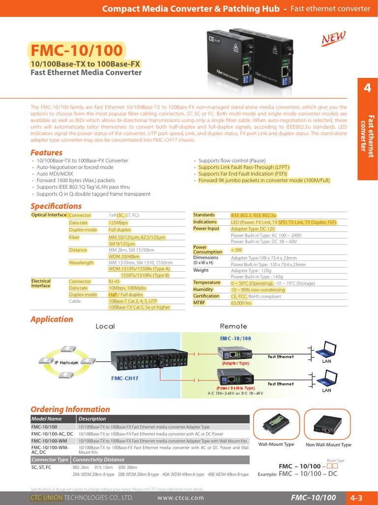 10/100Base-TX To 100Base-FX Fast Ethernet Media Converter: Features ...