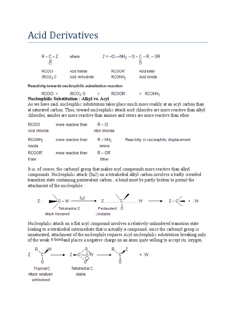 Acid Derivatives: Nucleophilic Substitution: Alkyl vs. Acyl | PDF