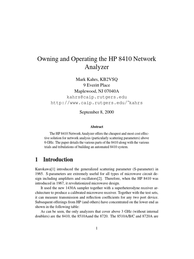 Owning and Operating The HP 8410 Network Analyzer: Kahrs@caip - Rutgers ...