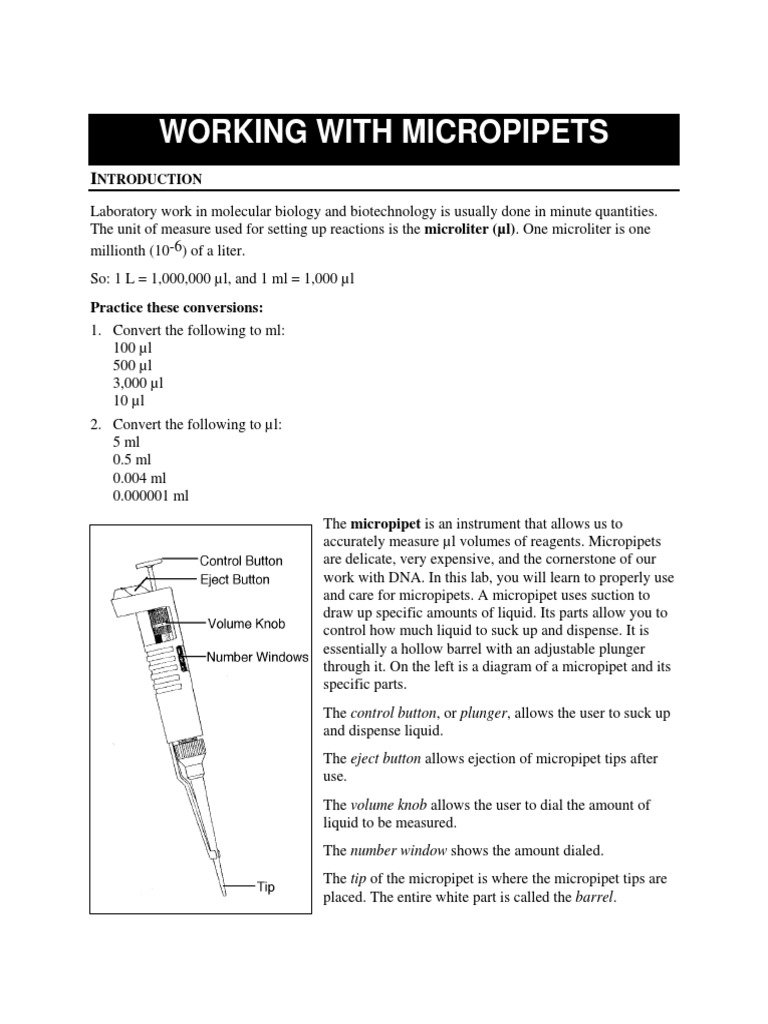 Working With Micropipets: Practice These Conversions | PDF | Chemistry ...