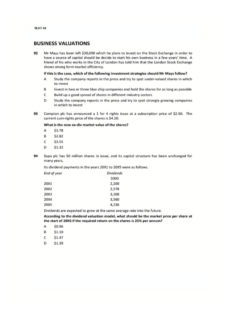 44 MCQ Business Valuation 1 | PDF