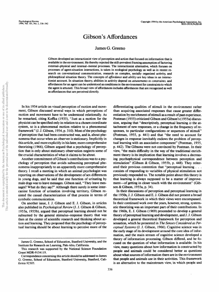 Gibson's Affordances: James G. Greeno | PDF | Perception | System