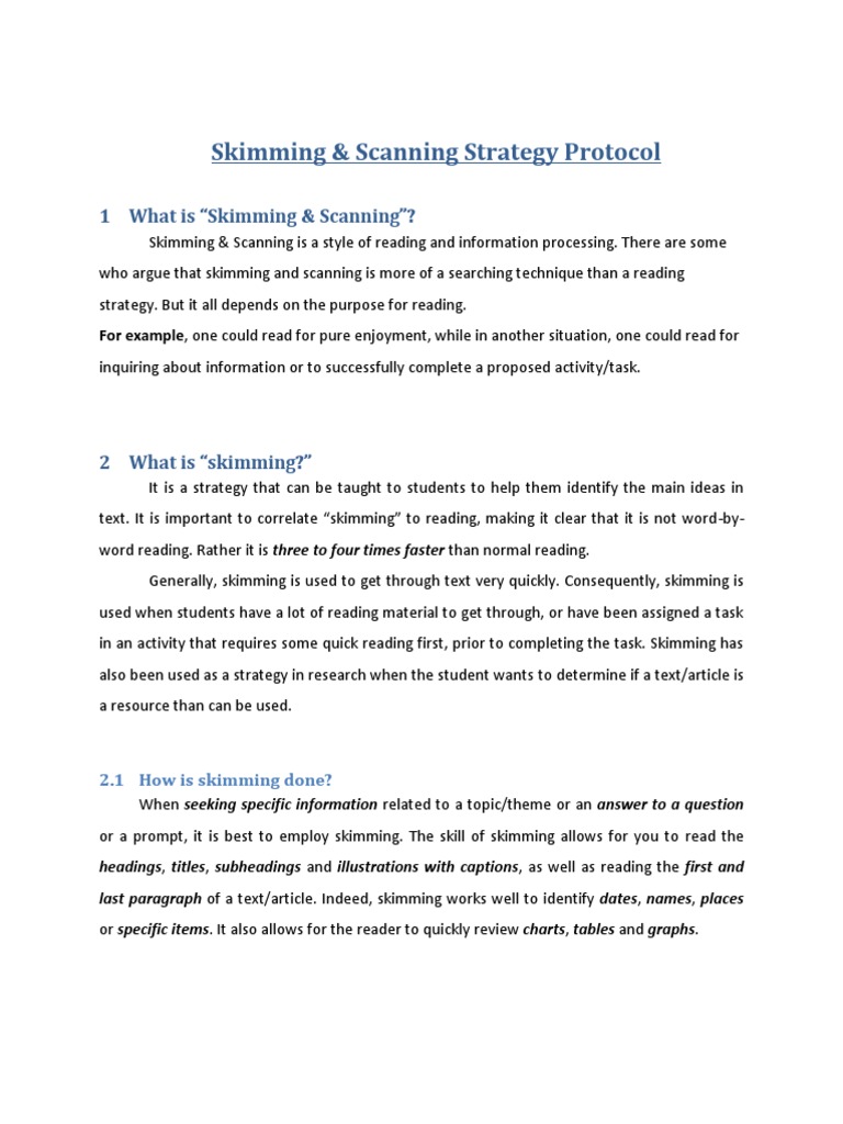Skimming and Scanning Reading Strategies | PDF | Speed Reading ...