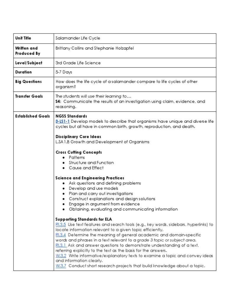 Unit 1 Salamander Study - Life Cycles 3 1 | PDF | Rubric (Academic ...