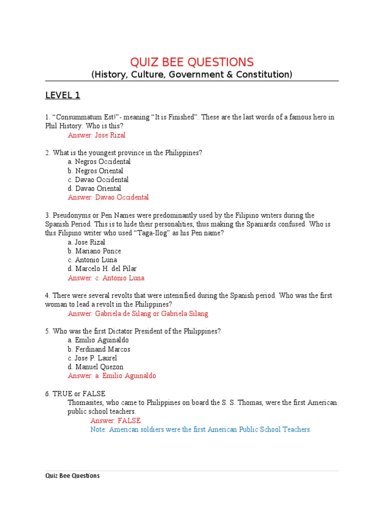 Quiz Bee Questions: (History, Culture, Government & Constitution) Level ...