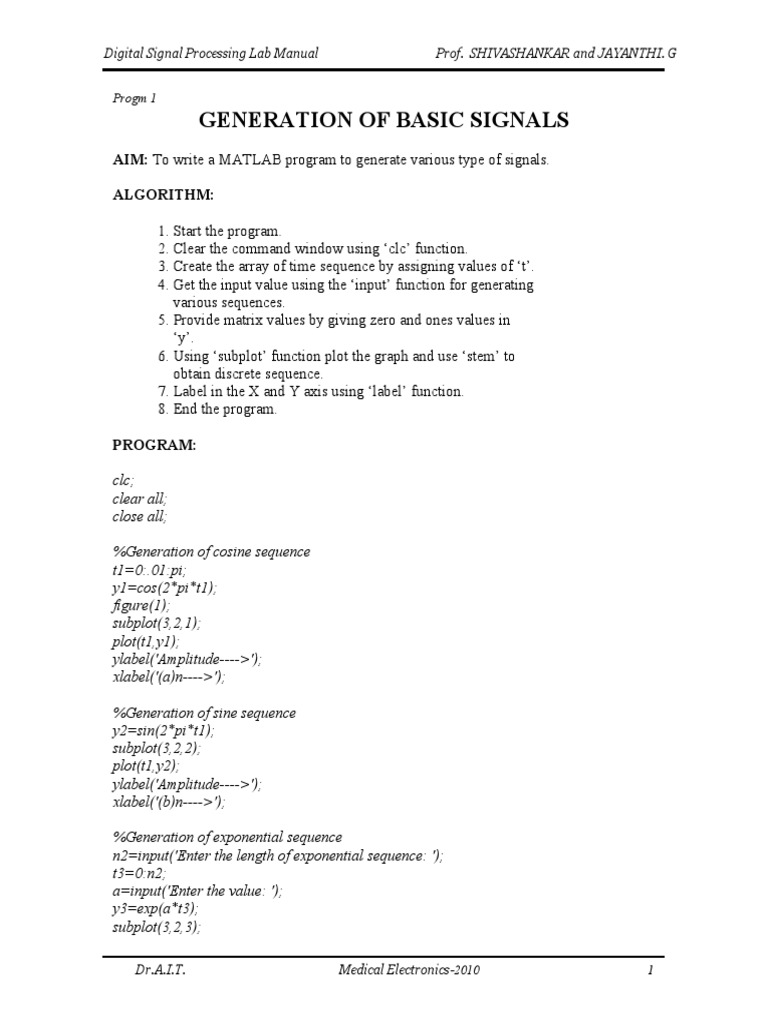 Generation of Basic Signals: AIM: To Write A MATLAB Program To Generate Various Type of Signals ...