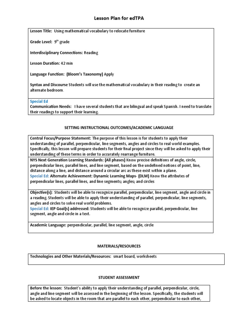 Lesson Plan For Edtpa: Special Ed | PDF | Perpendicular | Teachers