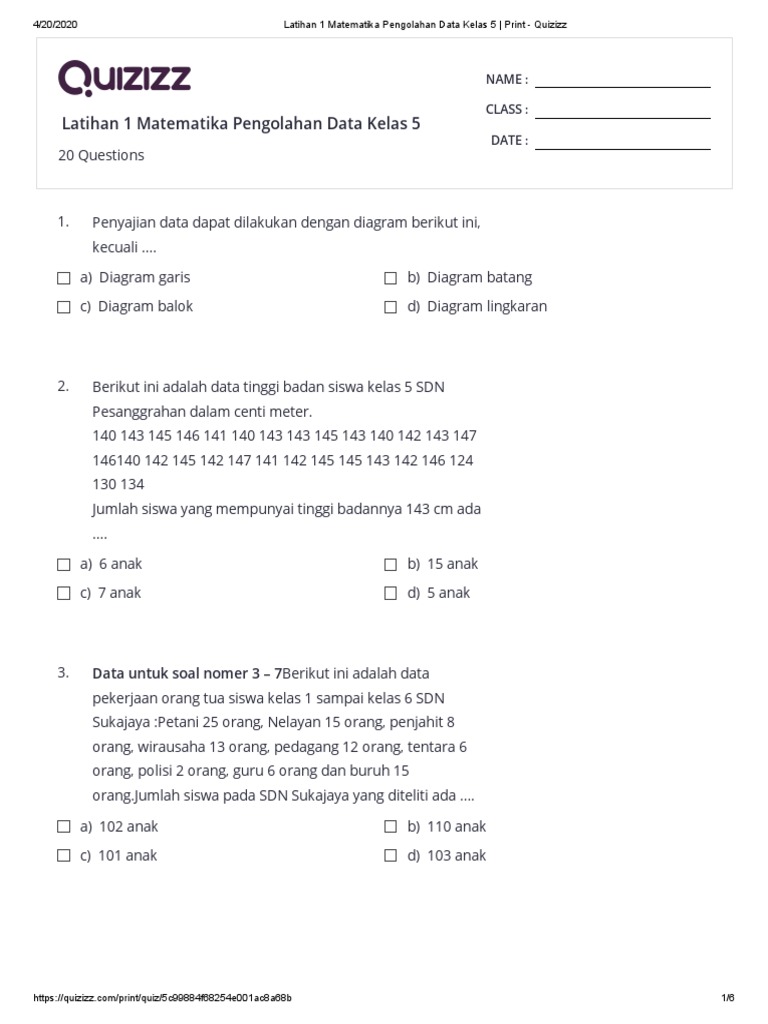 Latihan 1 Matematika Pengolahan Data Kelas 5 - Print - Quizizz | PDF