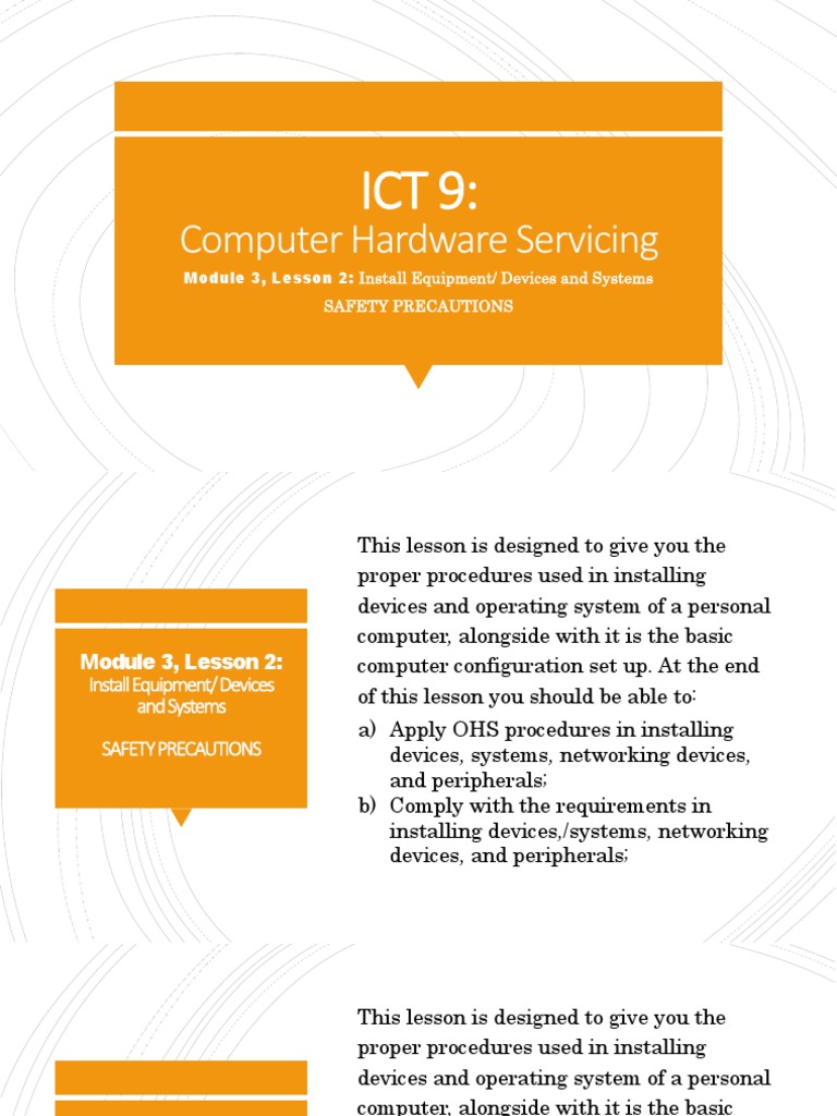Computer Hardware Servicing: Module 3, Lesson 2: Install Equipment ...