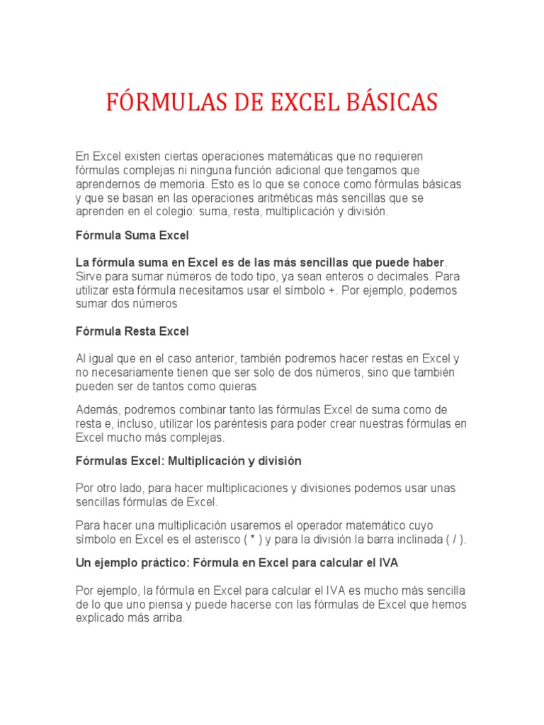 Fórmulas de Excel Básicas | PDF | Microsoft Excel | Multiplicación