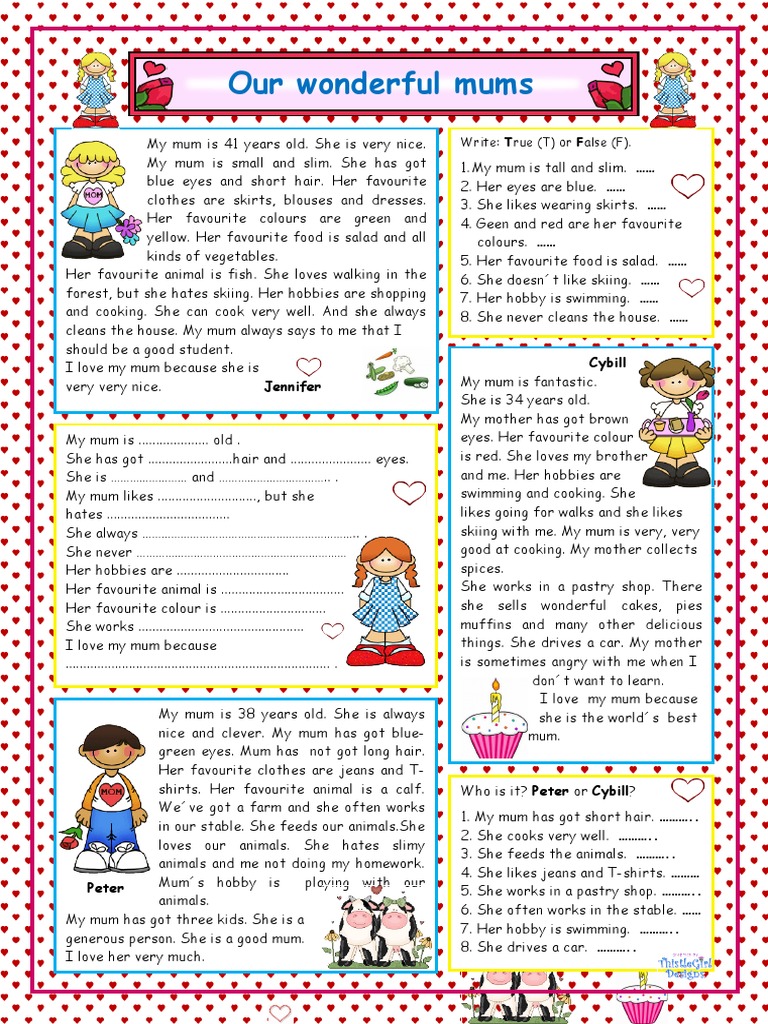 My Mum: A Reading Comprehension Exercise | PDF | Clothing | Foods