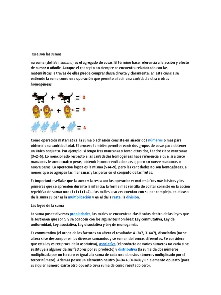 Definición y Concepto de Suma | PDF | Multiplicación | Conjunto ...