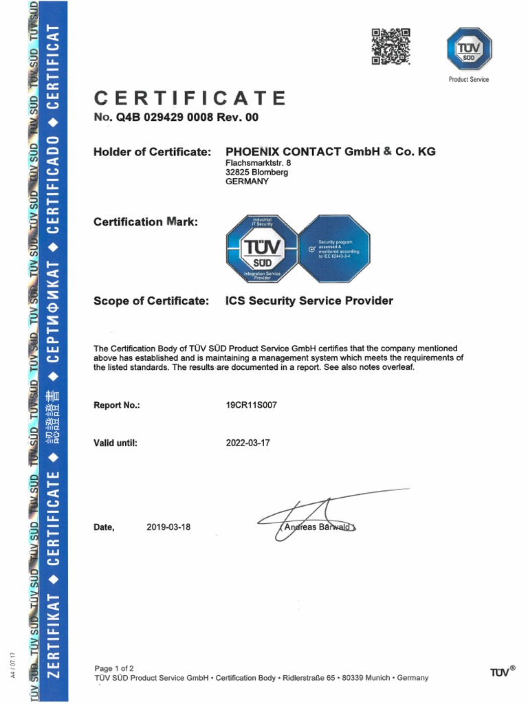 Certificate IEC 62443-2-4 | PDF