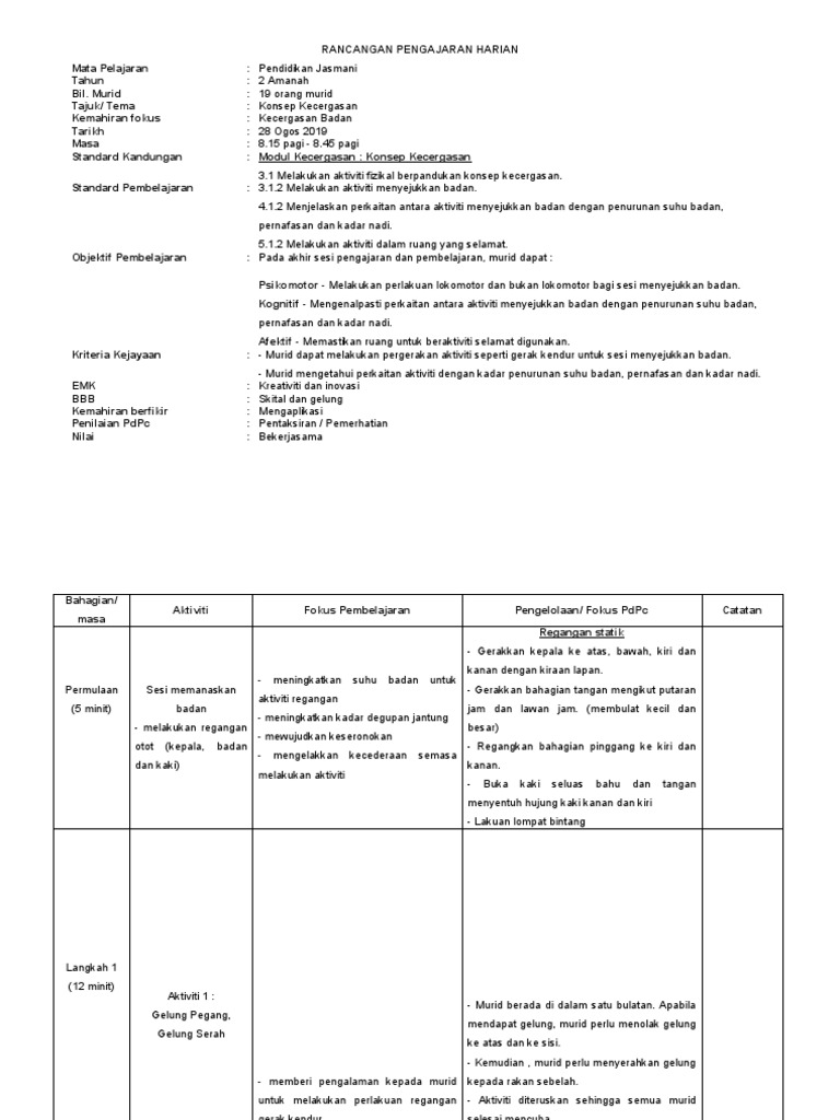 RPH PJ Tahun 2a Sejuk Badan | PDF