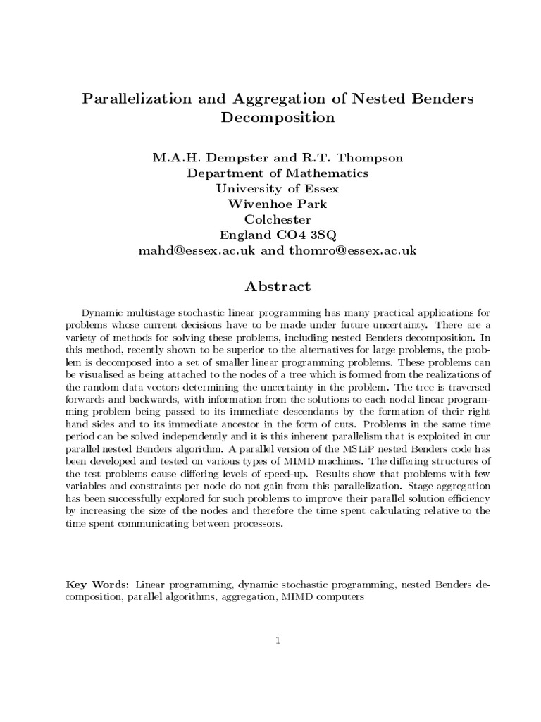 Parallelization And Aggregation Of Nested Benders Decomposition Pdf Parallel Computing