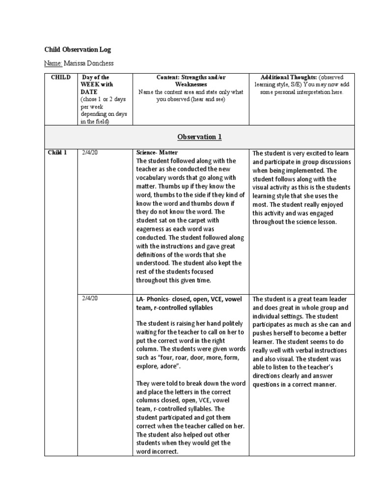 Observation Logs-Eportfolio | PDF | Phonics | Teachers