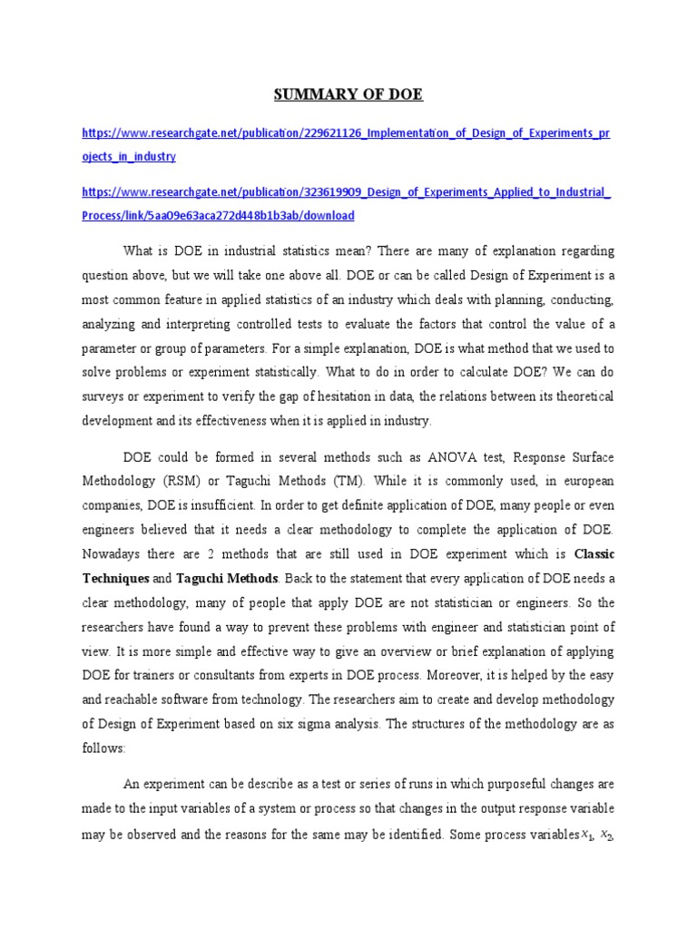 Summary of Doe | PDF | Experiment | Design Of Experiments