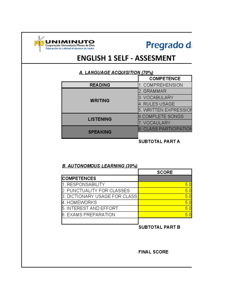 English 1 Self - Assesment: A. Language Acquisition (70%) | PDF