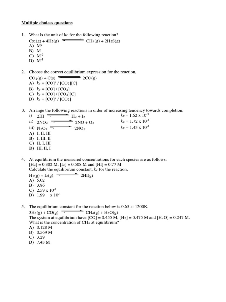 Equilibrium Constant Practice Problems: Multiple Choice Questions on ...