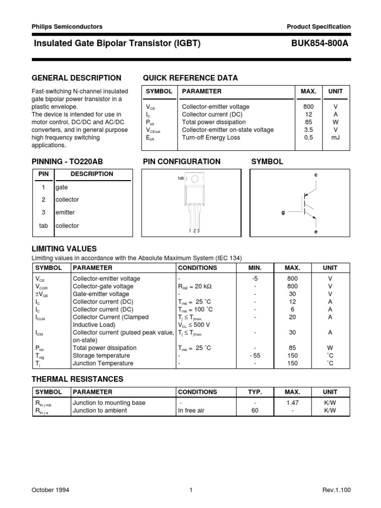 Insulated Gate Bipolar Transistor (IGBT) BUK854-800A: General Description Quick Reference Data ...