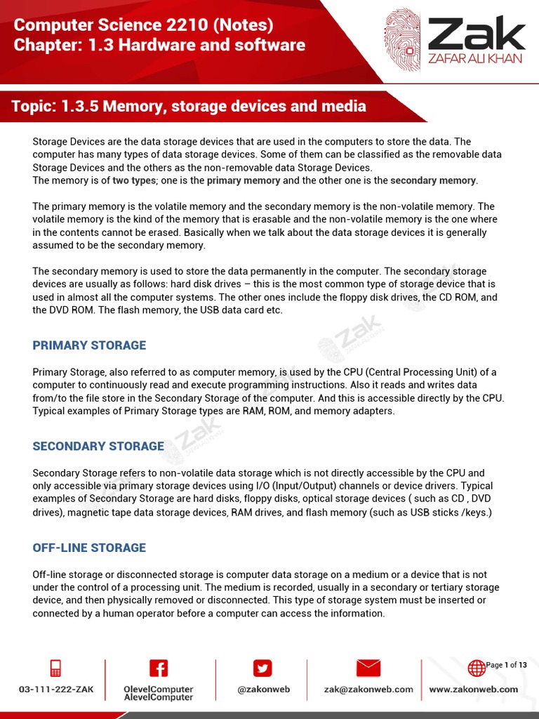 Topic: 1.3.5 Memory, Storage Devices and Media: Two Types Primary Memory Secondary Memory | PDF ...