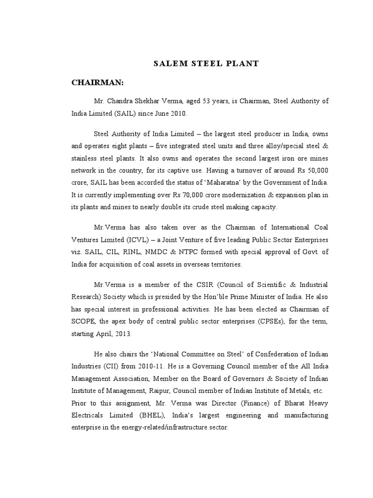 Salem Steel Plant Leadership Overview | PDF | Economy Of India | Economies