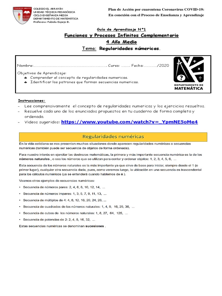 Guía De Aprendizaje N 1 Regularidades Numericas Pdf