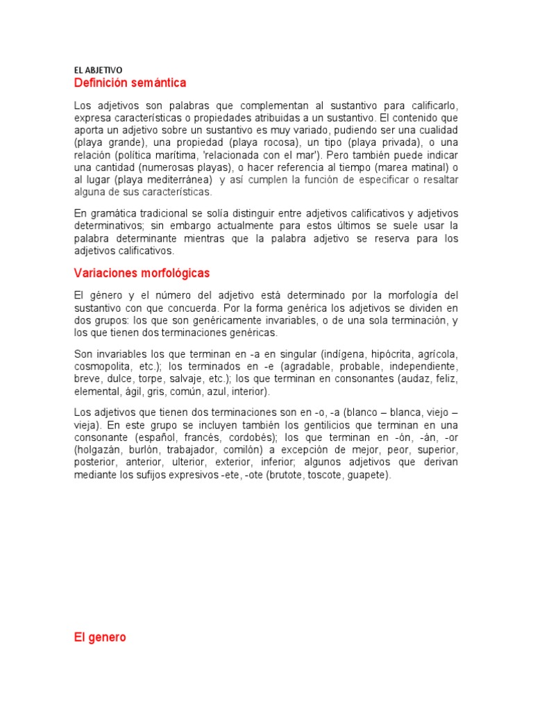 El Adjetivo | PDF | Adjetivo | Género gramatical