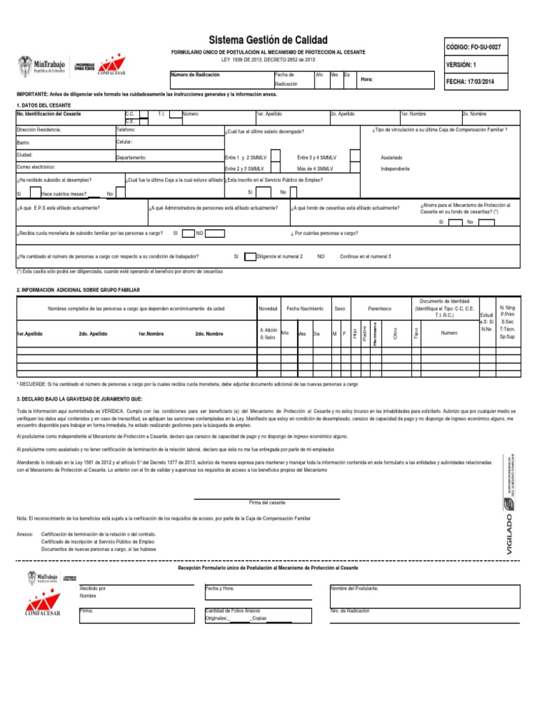 Formulario Unico de Postulacion Al Mecanismo de Proteccion Al Cesante COMFACESAR | PDF ...