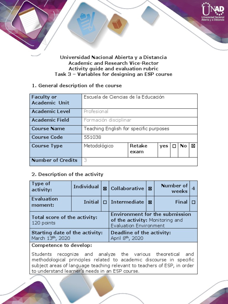 Activity Guide and Evaluation Rubric - Task 3 - Variables For Designing An ESP Course PDF | PDF ...