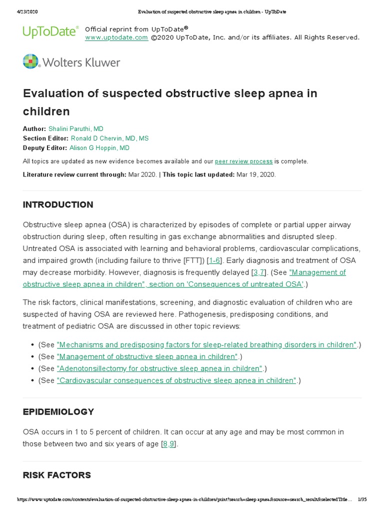 Evaluation of Suspected Obstructive Sleep Apnea in Children - UpToDate ...