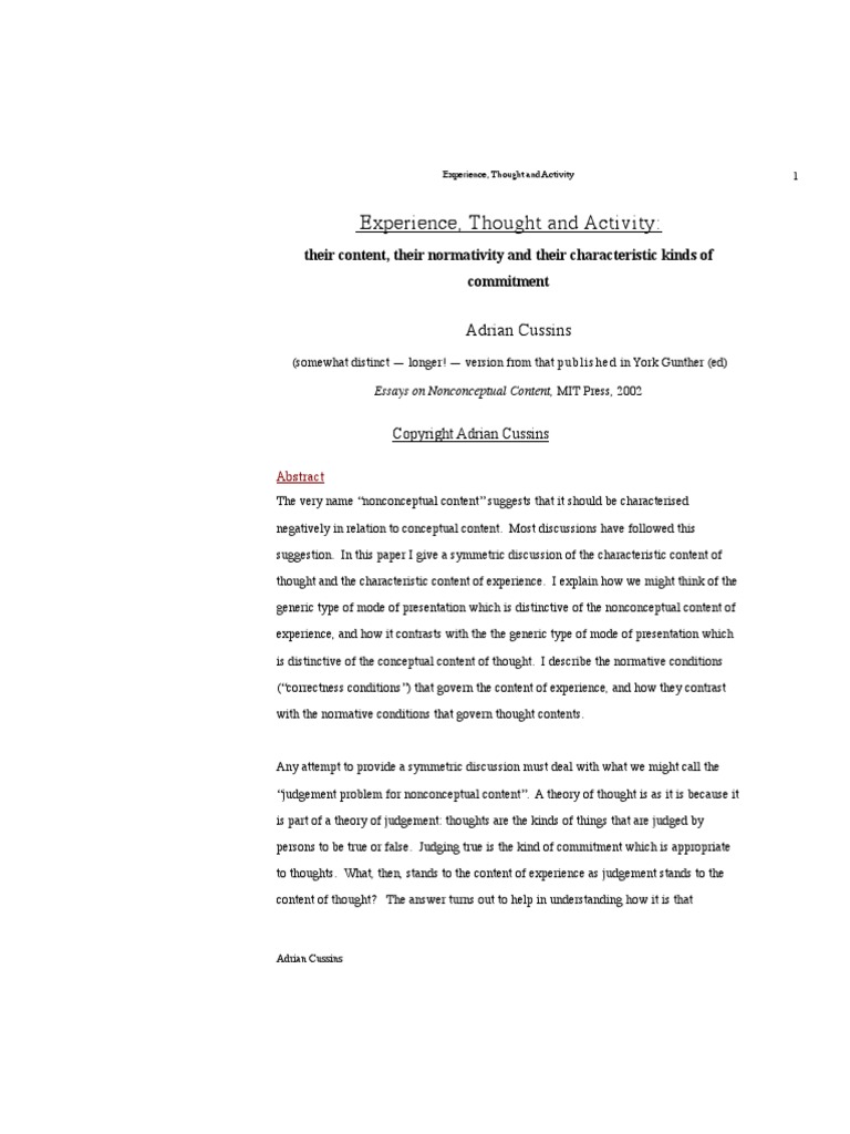 Experience, Thought and Activity:: Their Content, Their Normativity and Their Characteristic ...