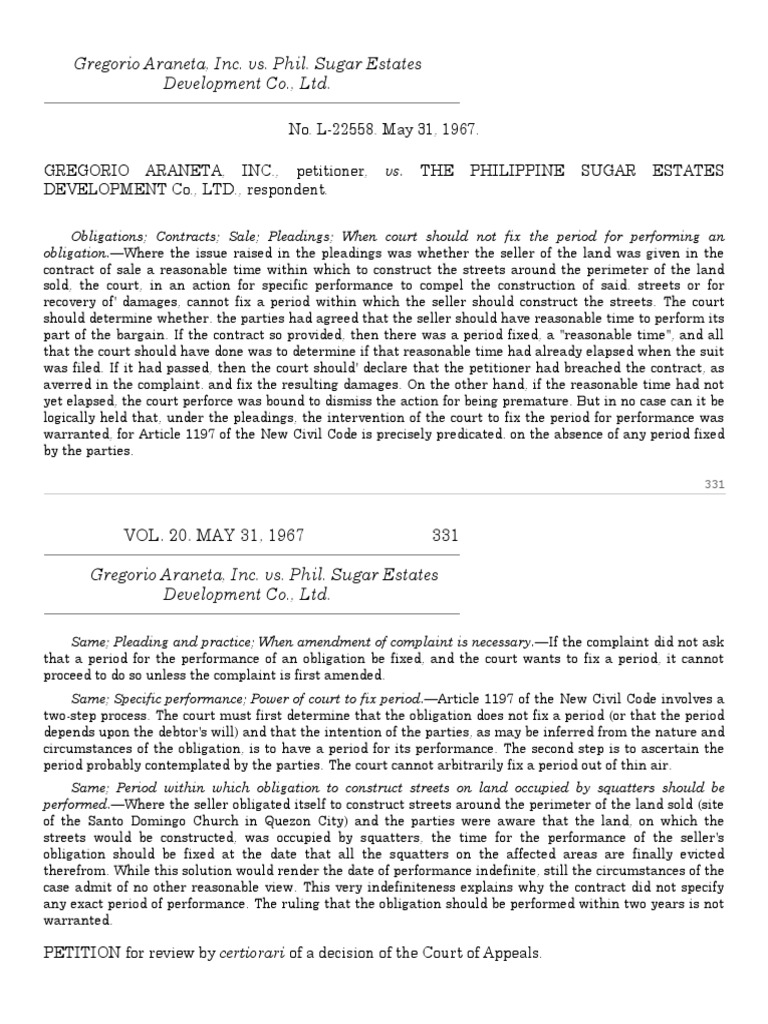 Gregorio Araneta Inc. vs. Phil. Sugar Estates Development Co. Ltd. 20 ...