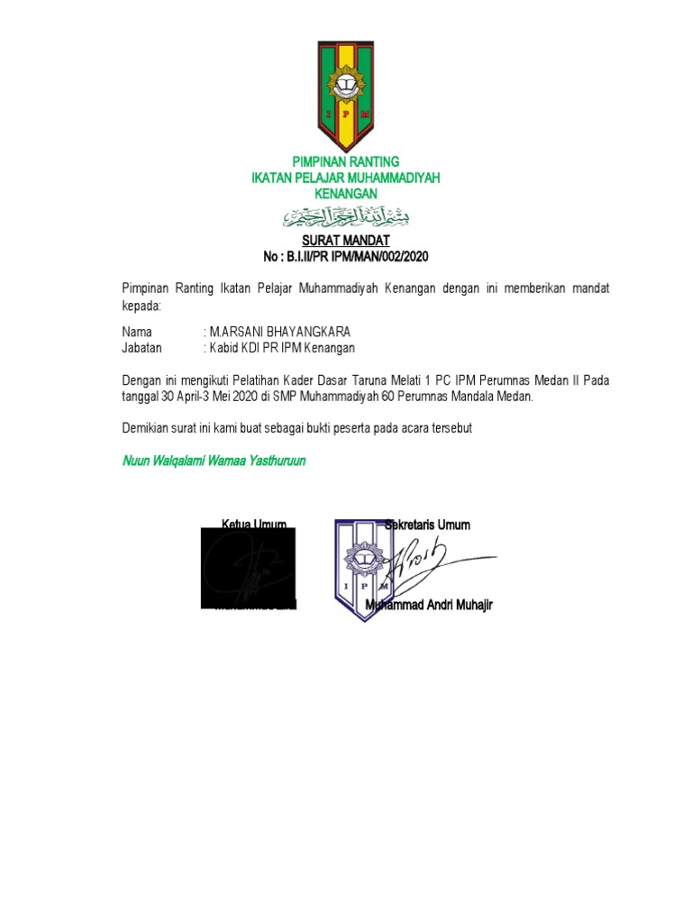 Surat Mandat IPM untuk Pelatihan Kader | PDF