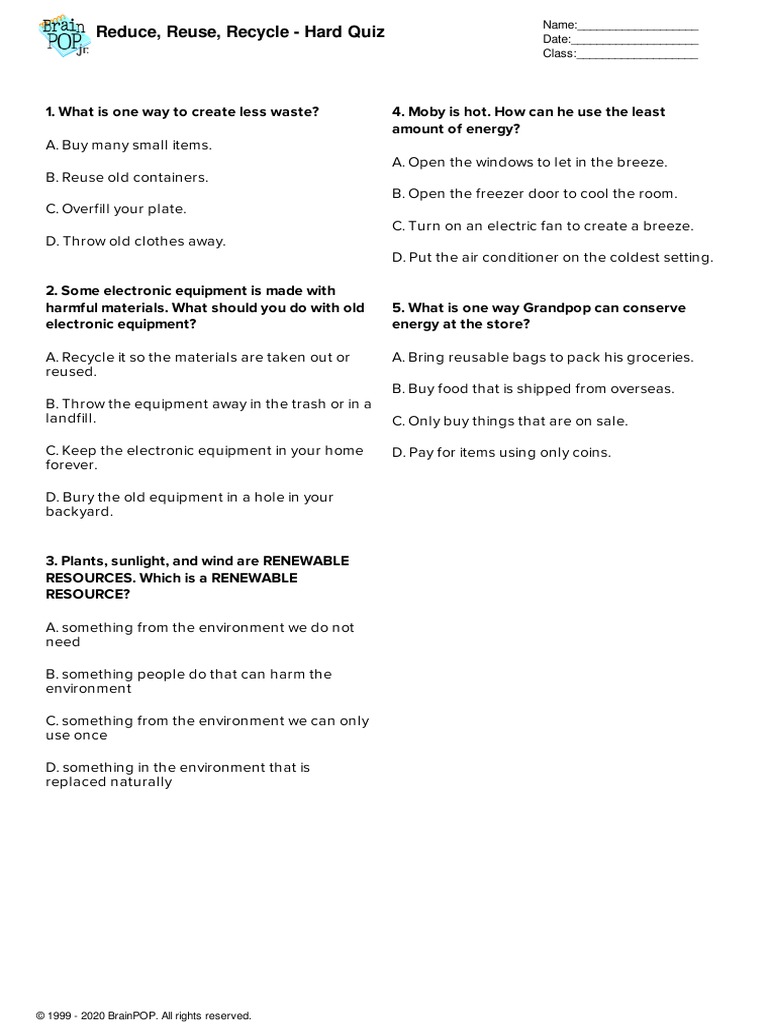 Reduce Reuse and Recycle Quiz | PDF | Language Arts & Discipline | Home ...