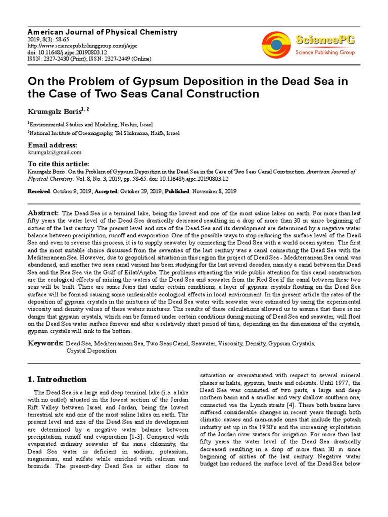 On The Problem of Gypsum Deposition in The Dead Sea in The Case of Two ...