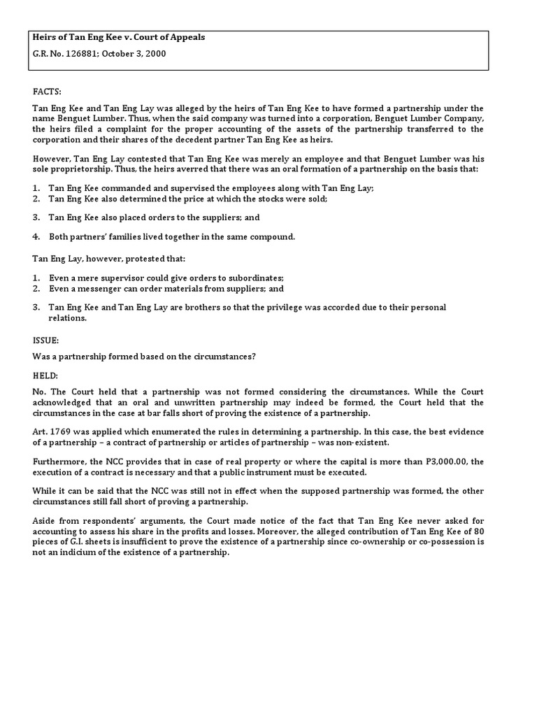 Partnership Dispute: Tan Eng Kee Case | PDF | Court Of Appeal Of ...