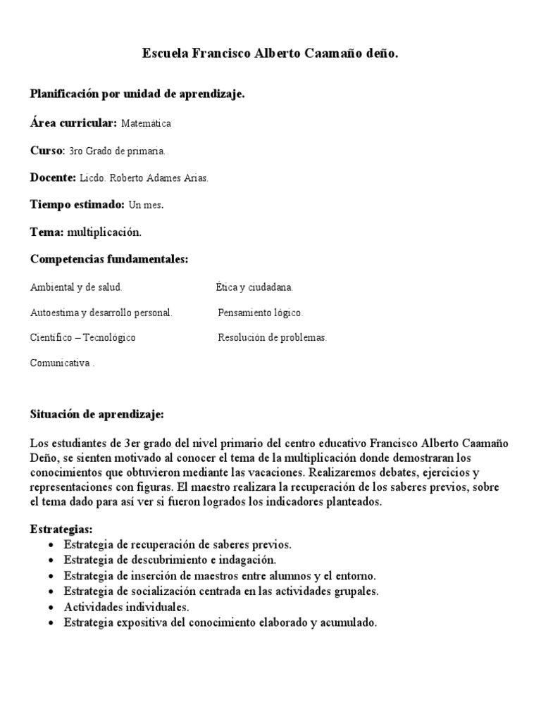 Planificación de 3er Grado de Primaria | PDF | Multiplicación ...