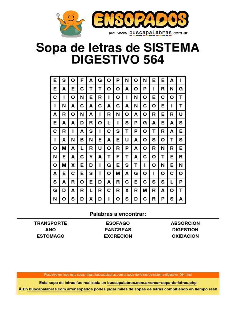 Sopa de Letras de Sistema Digestivo - 564 | PDF