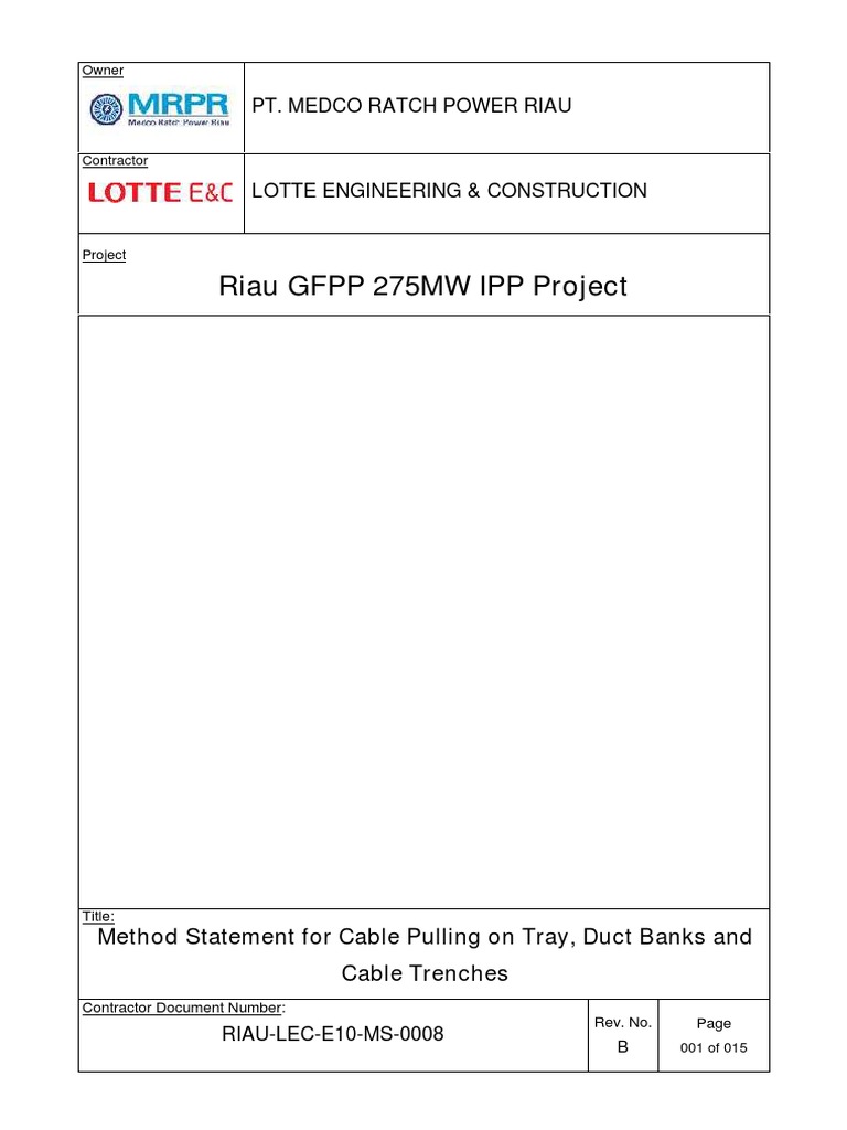 Method Statement of Cable Pulling On Trays, Duct Bank & Cable Trenches ...
